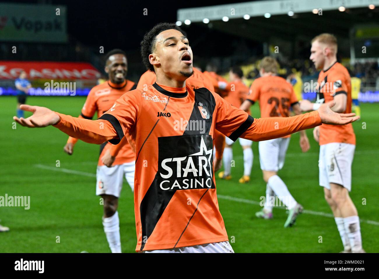 Emilio Kehrer (80) of Deinze celebrates during a soccer game between KV ...