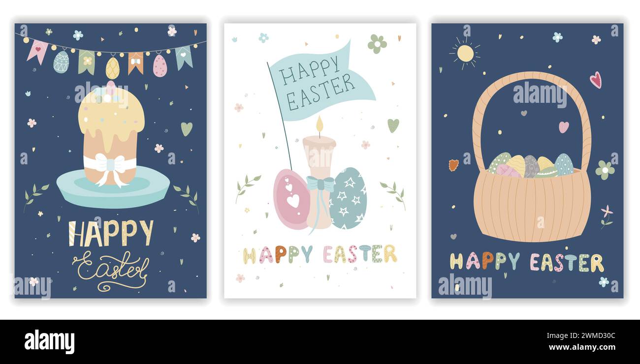Happy Easter postcards. A set of vector Easter illustrations. Easter eggs, cakes and candles ...