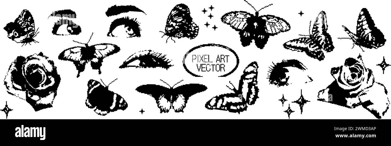 Pixel art y2k elements set butterfly eyes flowers vector illustration ...