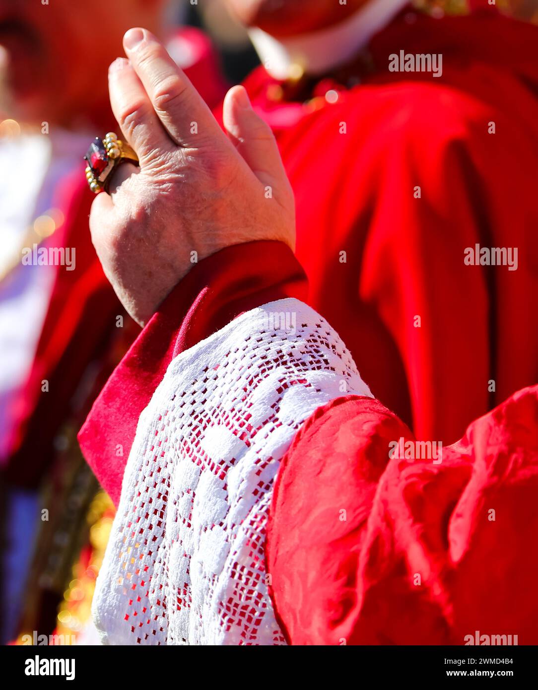 hand of the cardinal with red cassock during the blessing of the ...