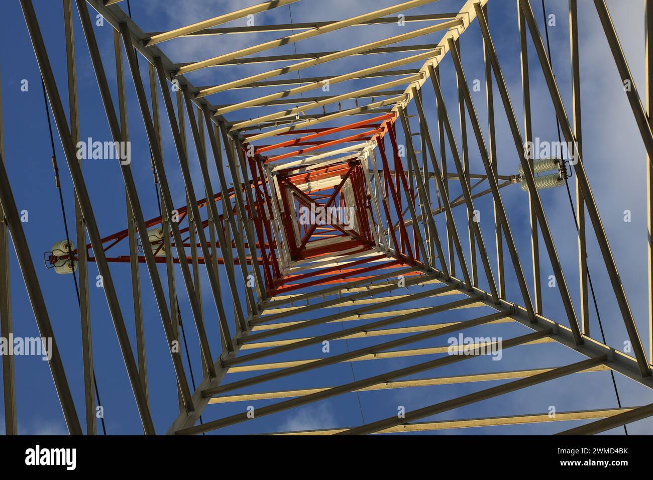 High Voltage Electricity Grid Pylon seen from below Stock Photo - Alamy