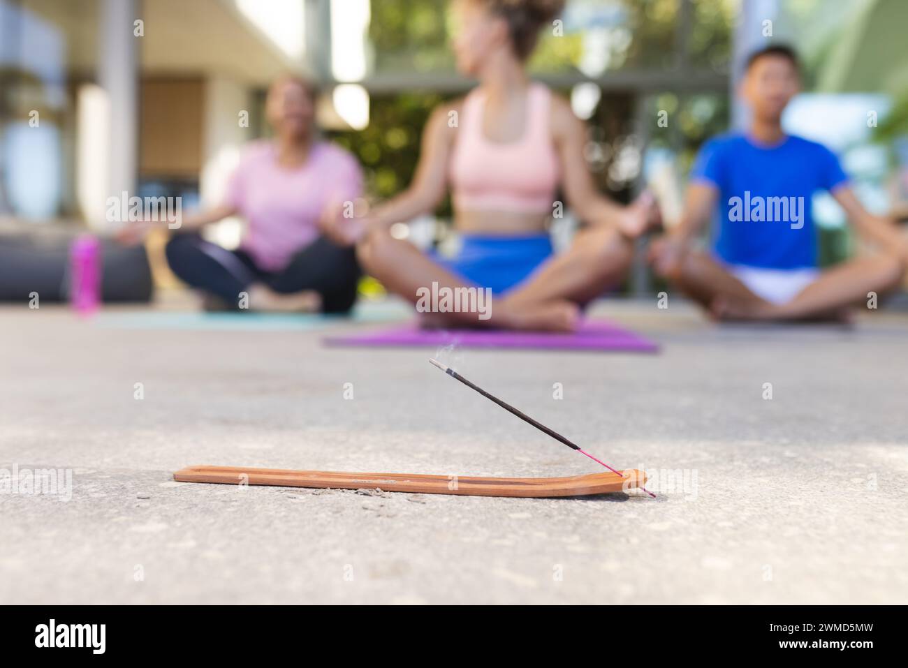 Diverse group practices yoga outdoors, with copy space Stock Photo - Alamy