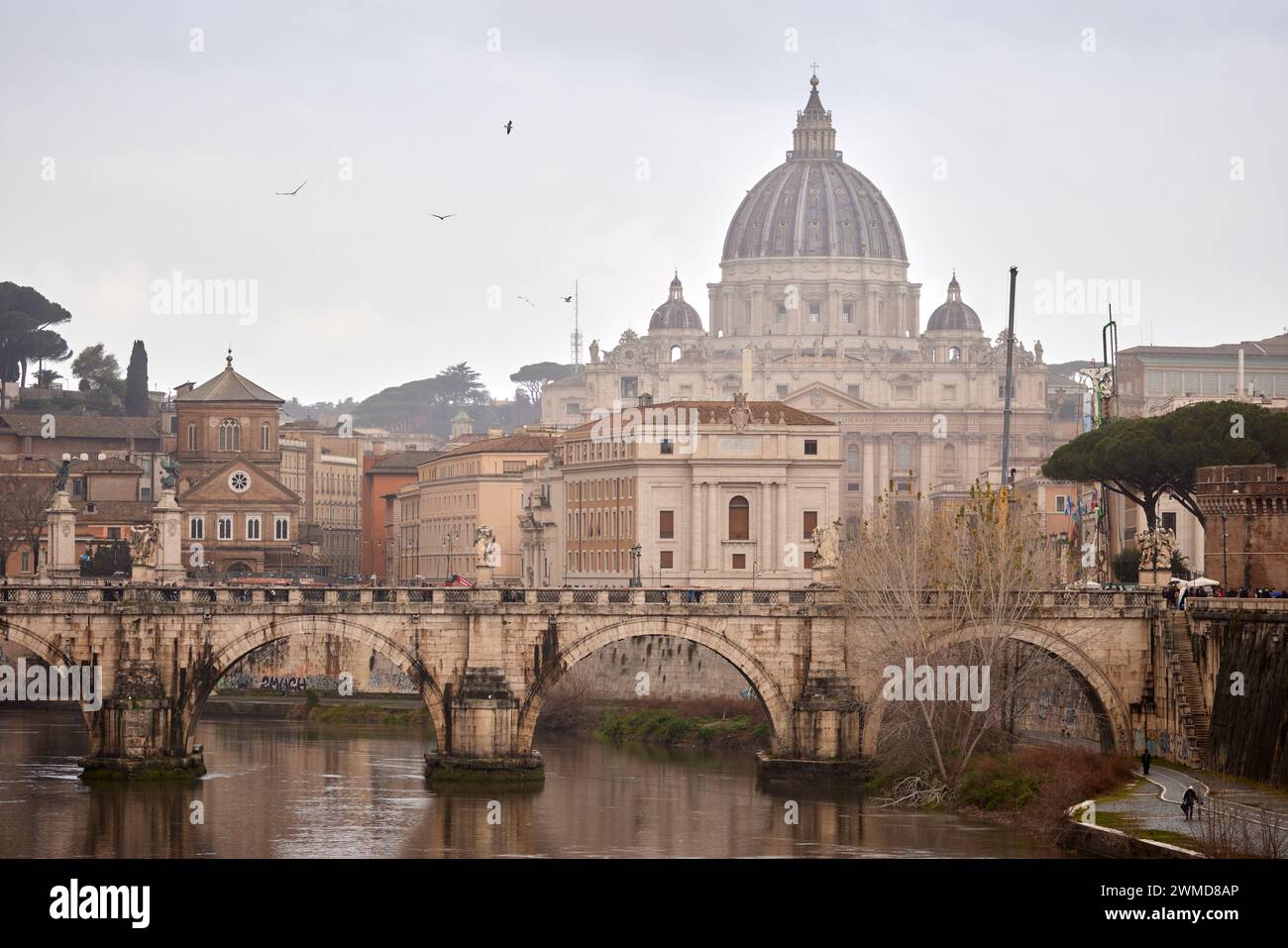 River Tiber bridges with Vatican City St. Peter's Basilica on the skyline of Rome, Italy Stock ...