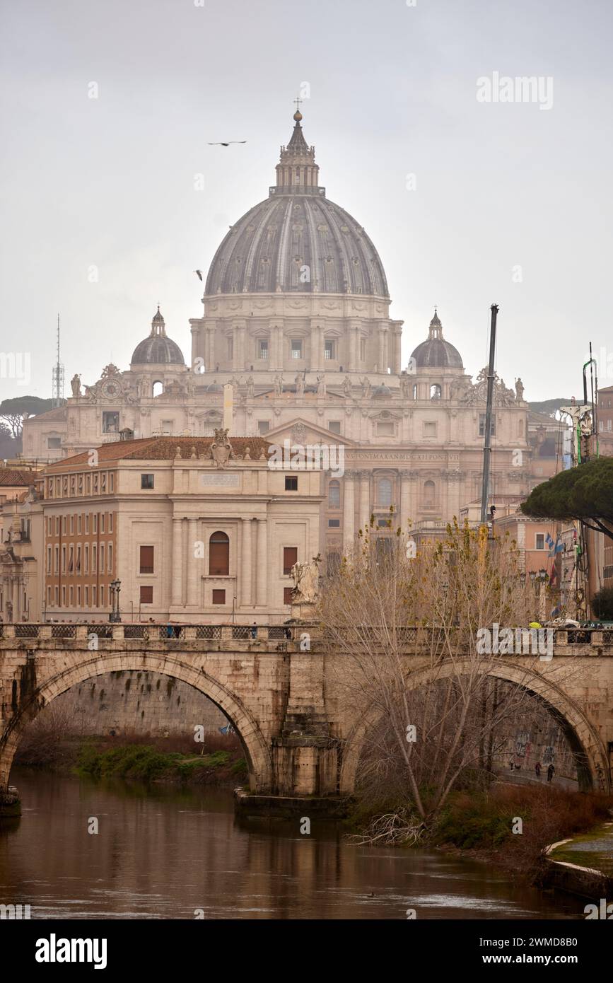 River Tiber bridges with Vatican City St. Peter's Basilica on the ...