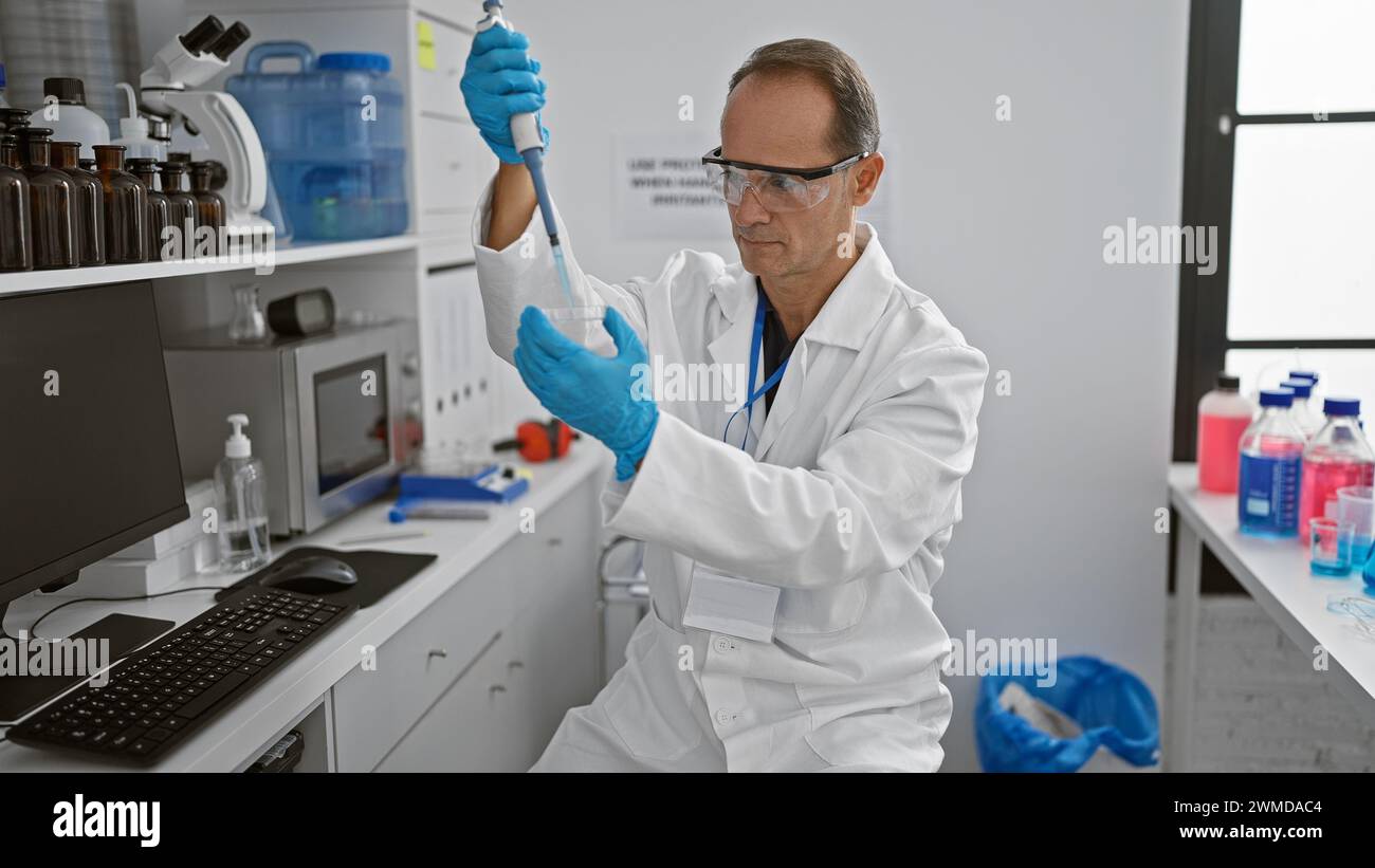 Hispanic middle age man scientist leverages modern technology for liquid measurement, an intense ...