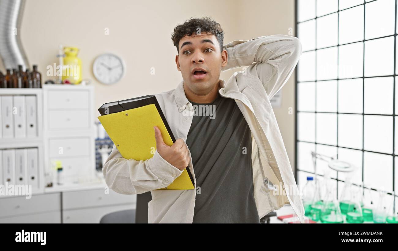 A surprised man with a clipboard at a laboratory, amidst beakers with ...