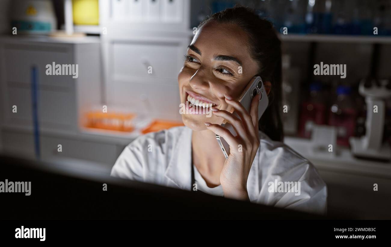 Spirited young hispanic scientist, engrossed in tantalizing night lab ...