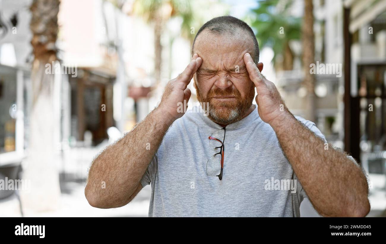 Attractive middle-aged bearded caucasian man, alone and in despair ...