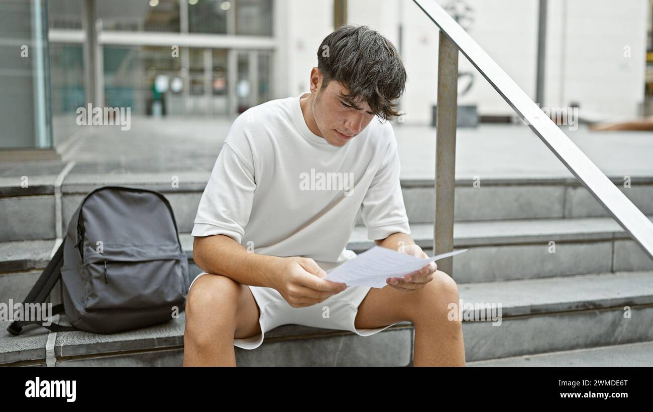 Cool, young hispanic university student lost in thought while casually ...