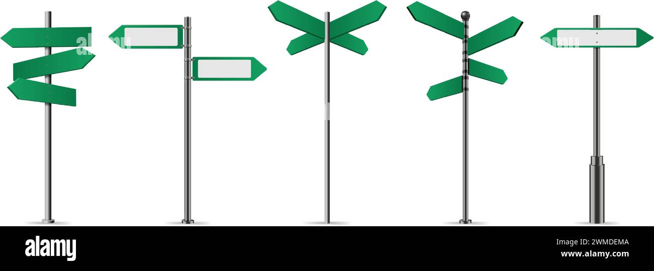 Green street signs. Directional pole with wayfinding arrows, finger post sign isolated realistic ...