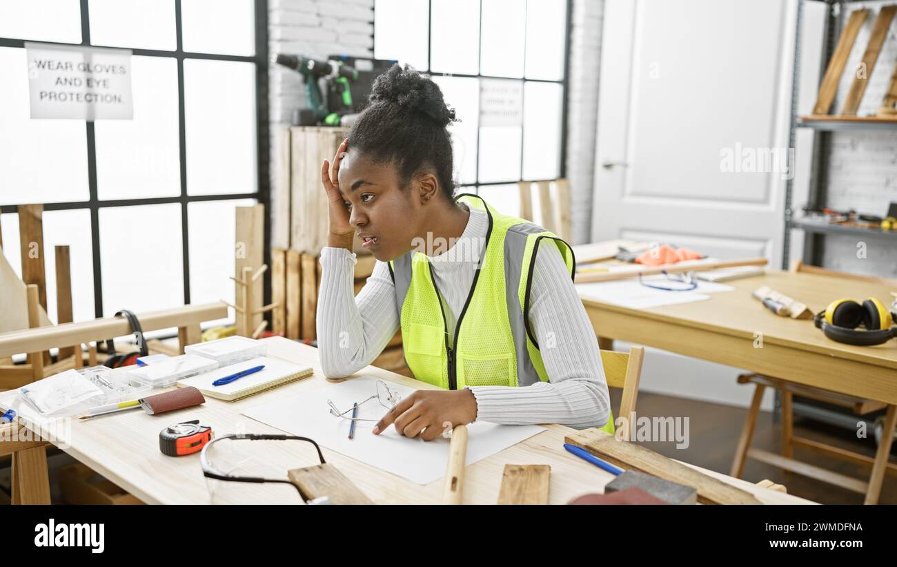 African american woman carpenter at work in a woodshop, looking ...
