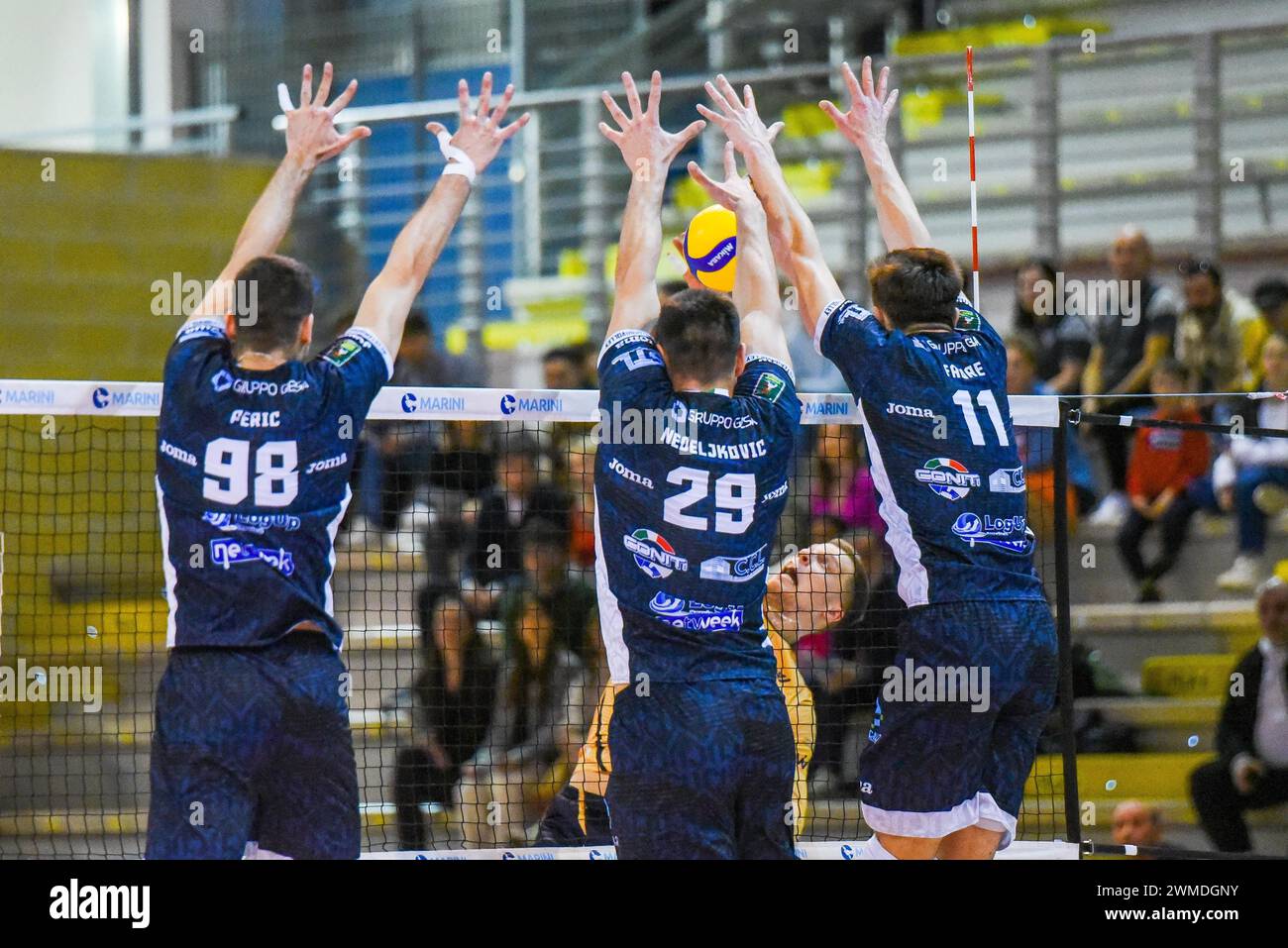 Peric, Nedeljkovic, Faure block (Cisterna Volley) during Cisterna Volley vs Rana Verona ...