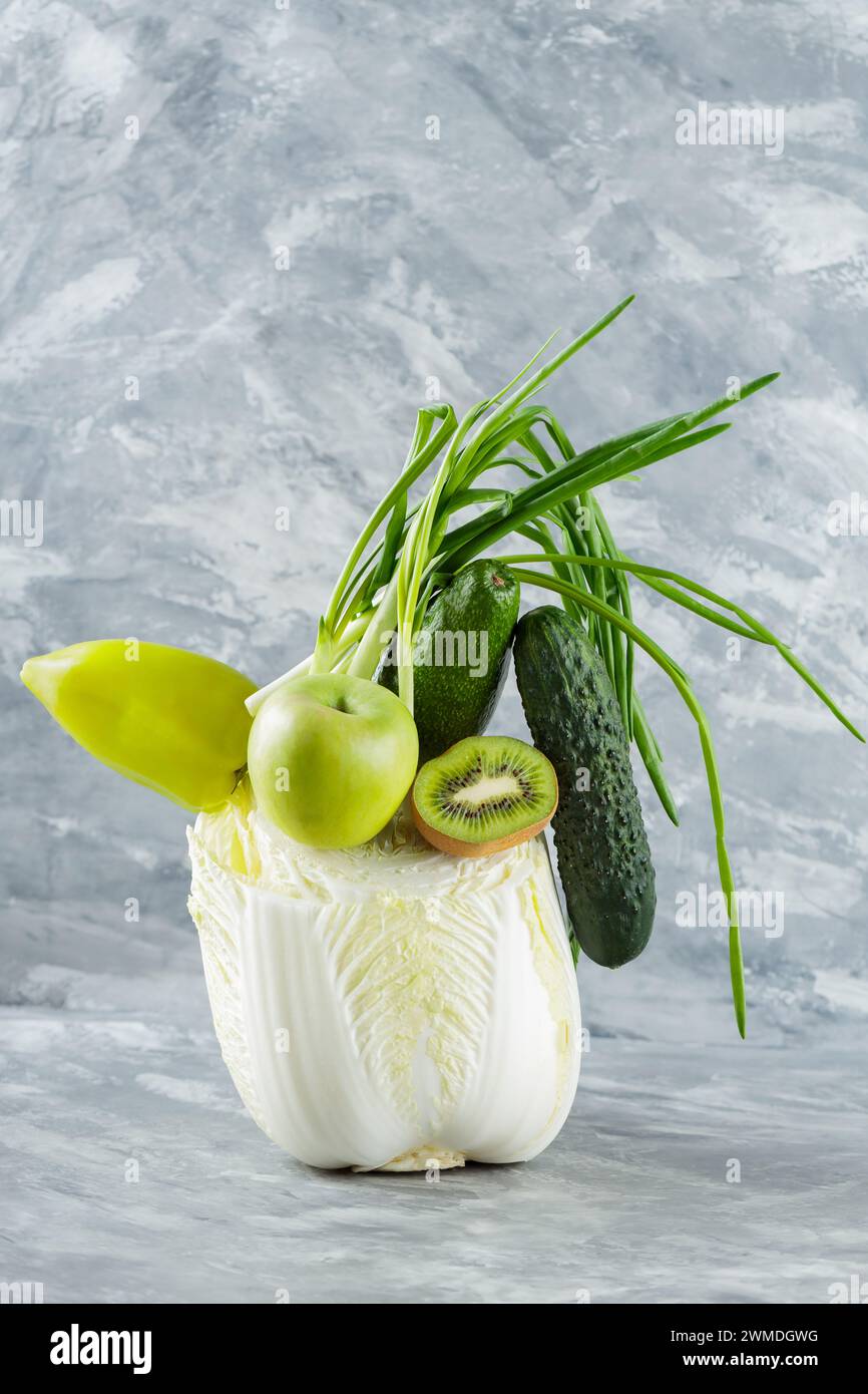 Balancing Food Concept with Green Fruits and Vegetables, Levitation ...