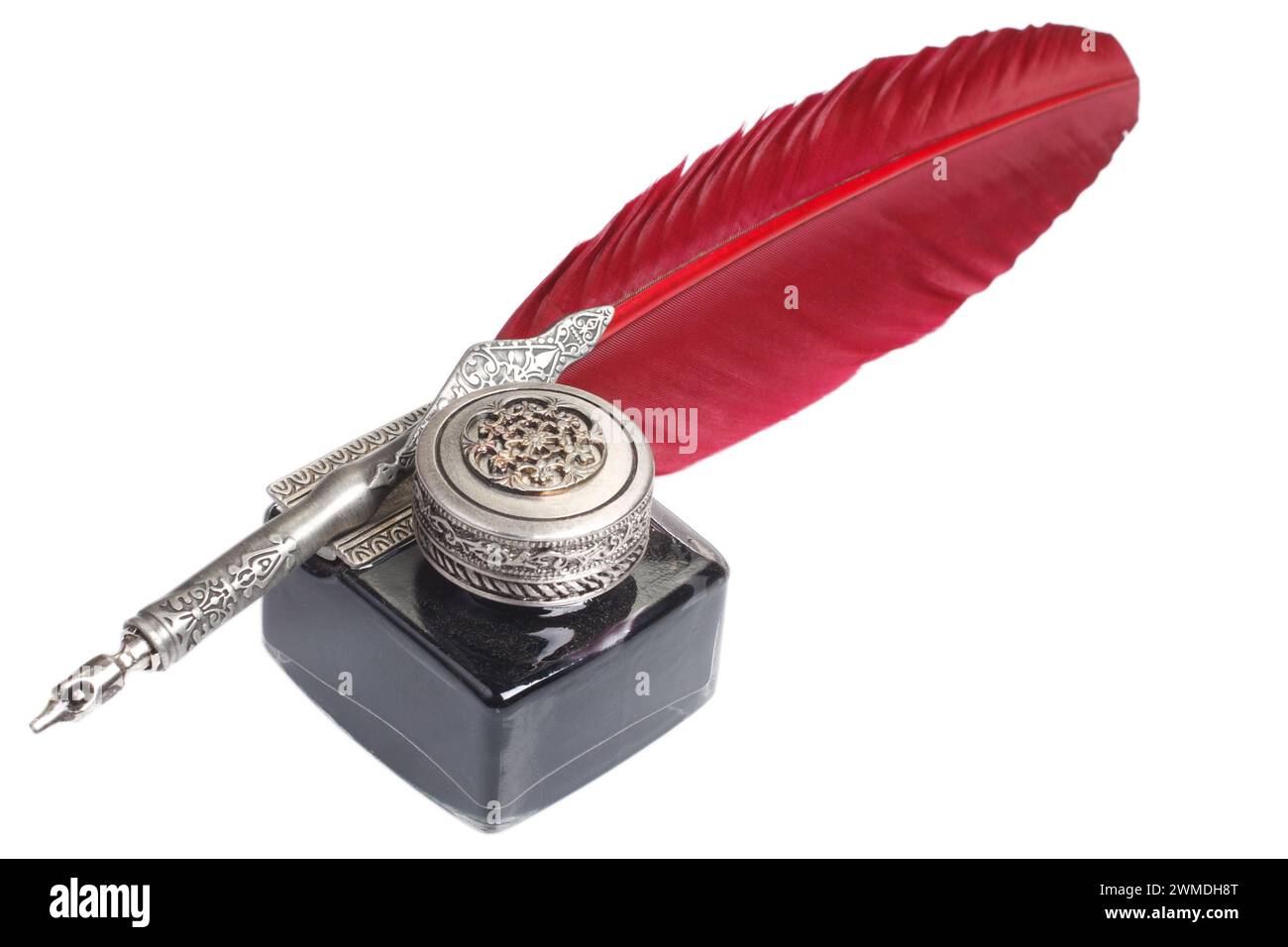 Antique vintage red fountain pen with inkwell on white background Stock ...