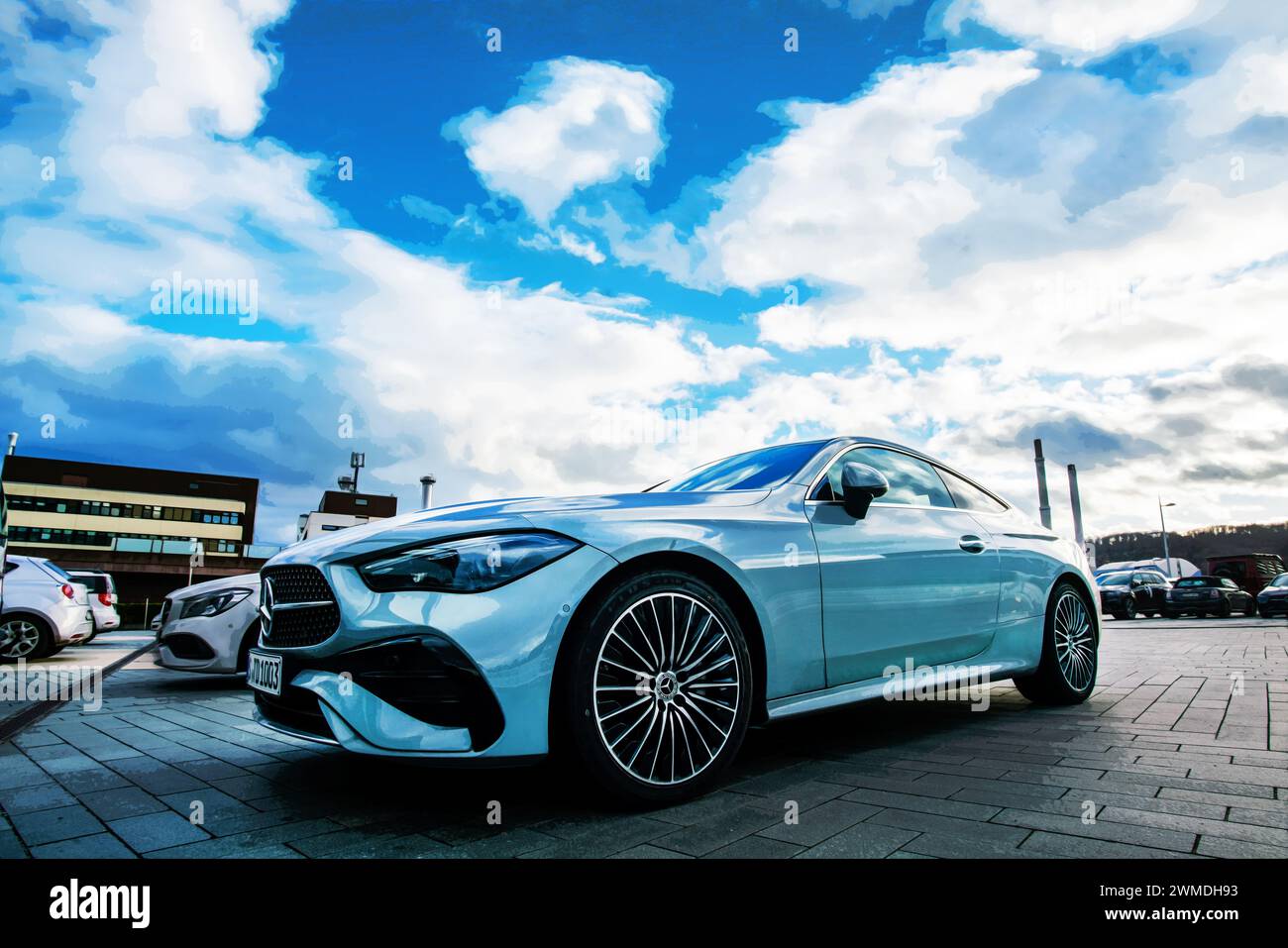12-20-2023 Stuttgart, GERMANY Coupe Meresedes-Benz - sports car. Behind ...