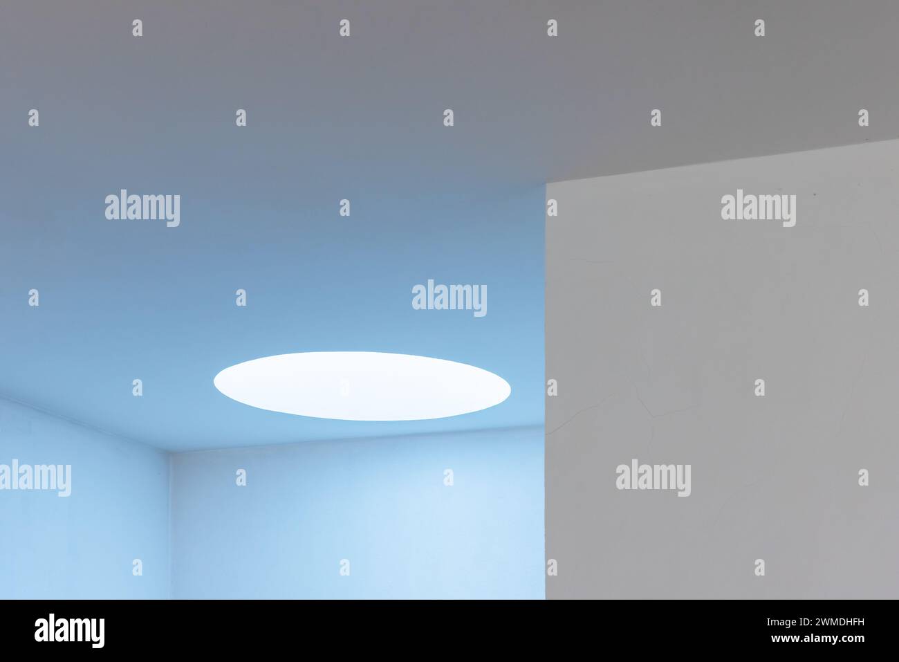 Abstract minimal interior with round blue light portal, architecture ...