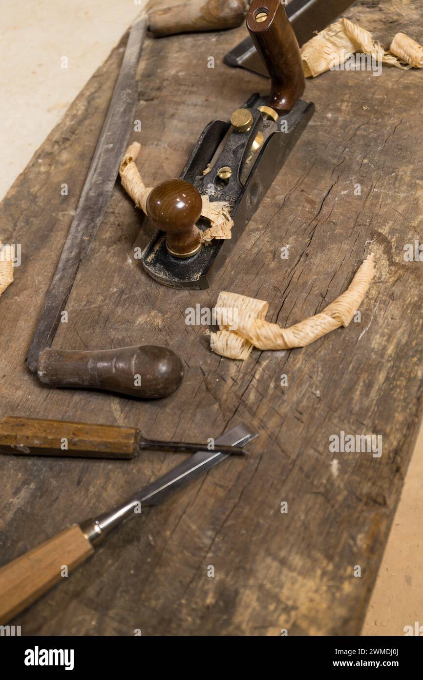 Vertical photo detailed close-up of woodworking hand tools, including ...