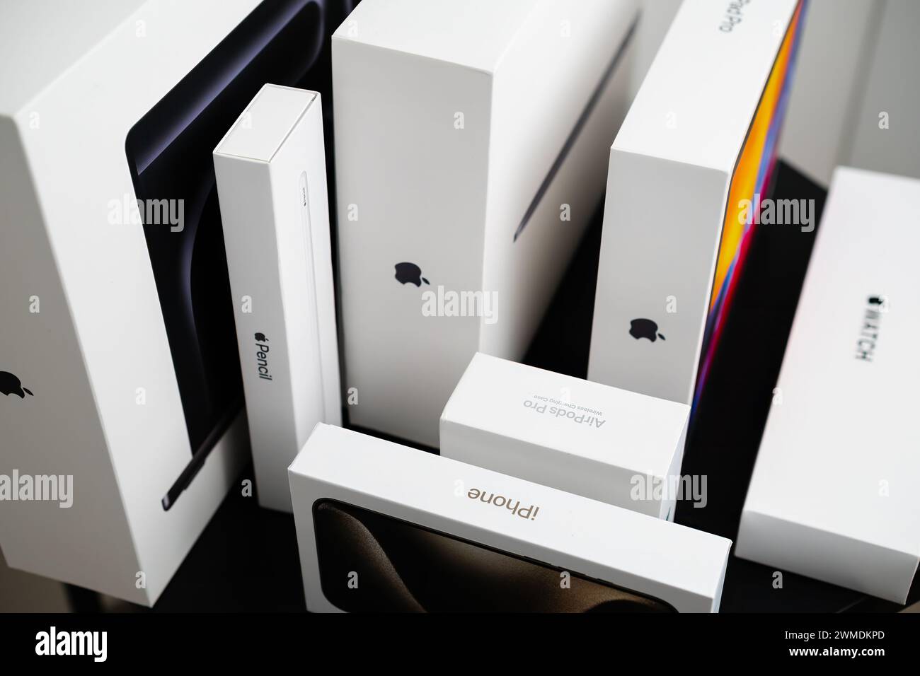 BERLIN , GERMANY - FEBRUARY 14 2024: Top view on the white boxes from ...