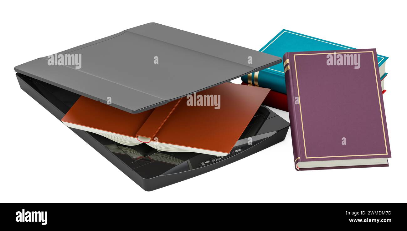 Flatbed scanner with books. Scanner scanning books, 3D rendering ...
