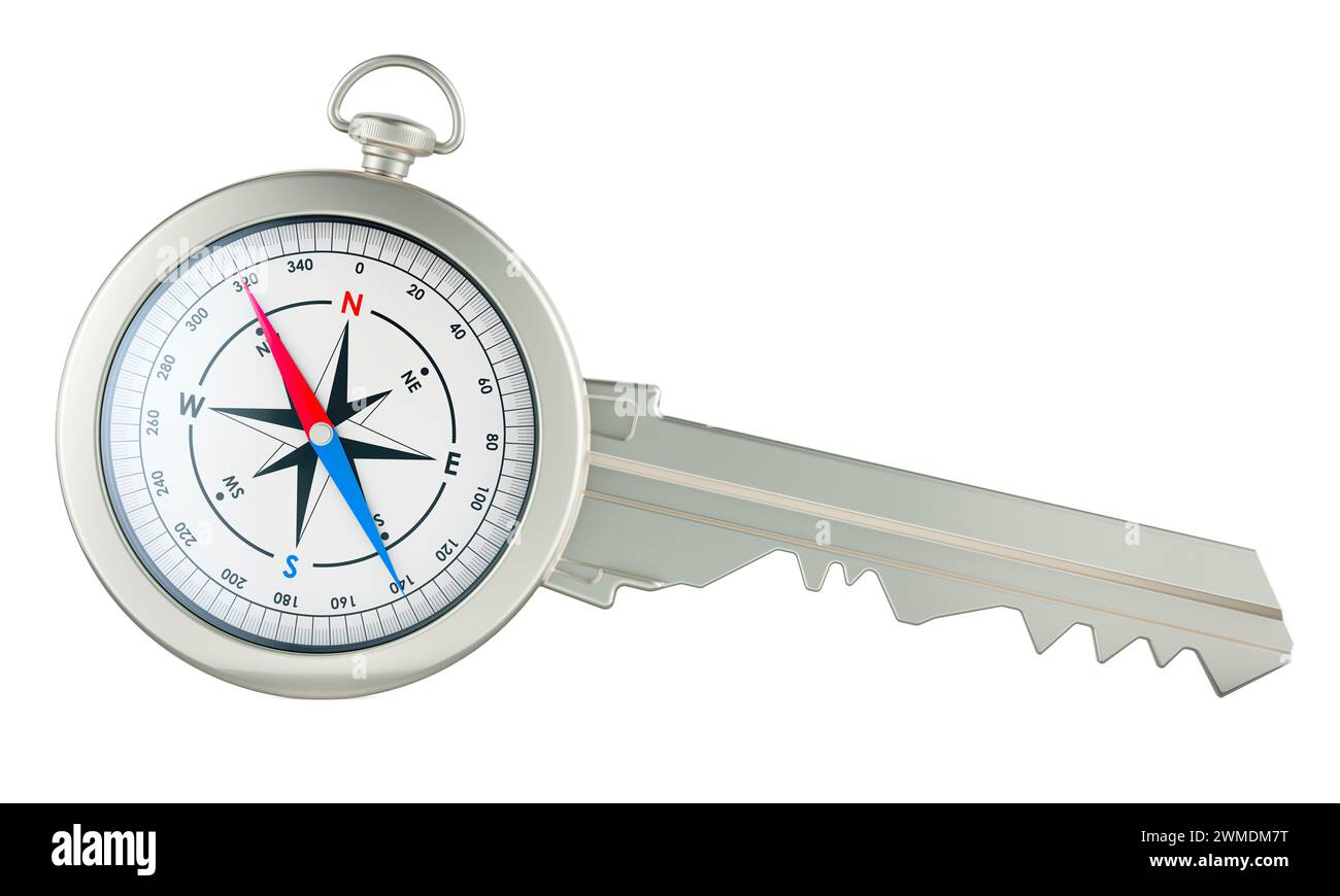 Key with compass, 3D rendering isolated on white background Stock Photo ...