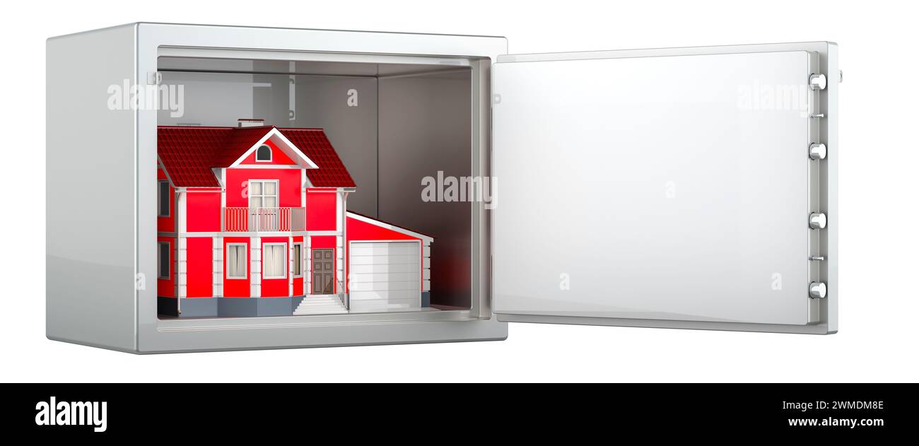 House security and protection, concept. Home inside safe box, 3D ...