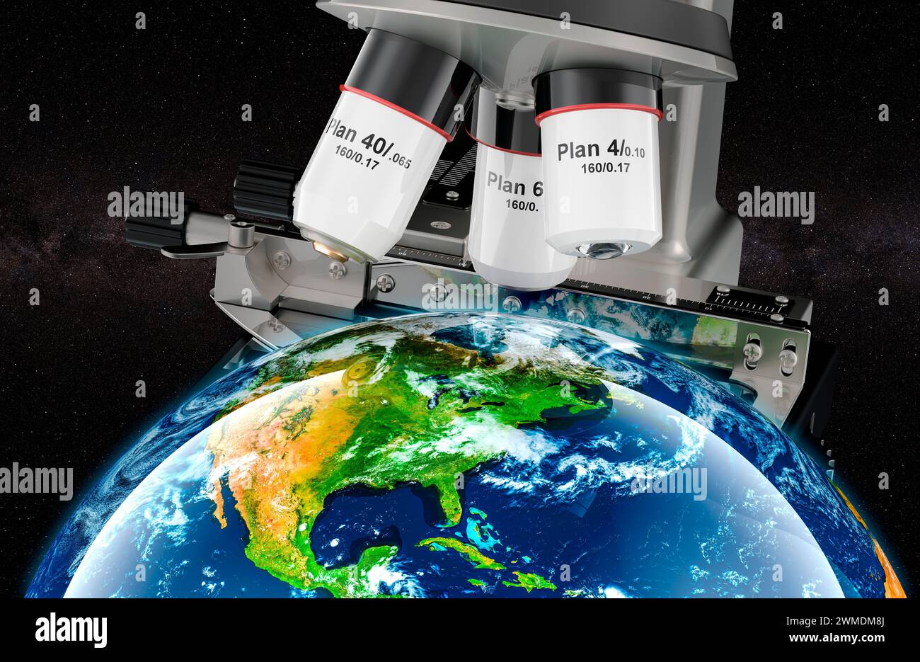 Microscope with planet Earth, view in the Space. Global research and ...