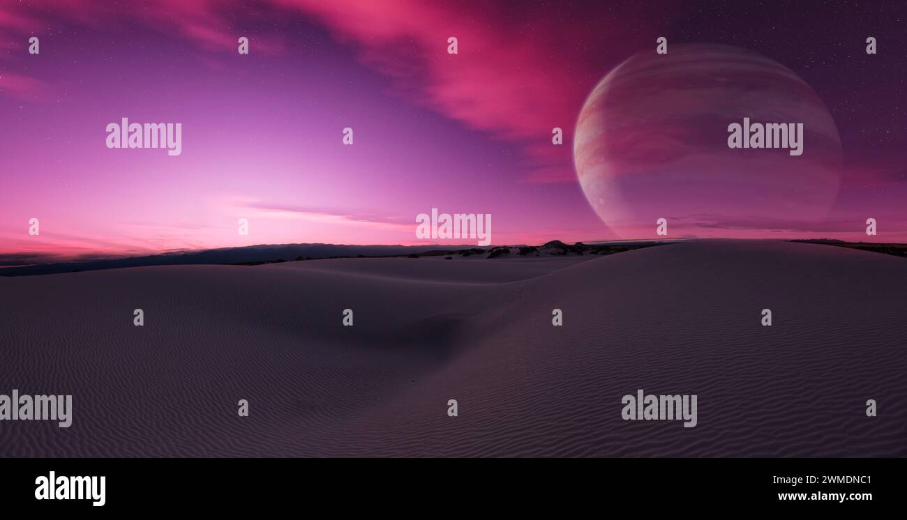 Fantasy Landscape of White Sand Planet with Jupiter in Sky. Image from ...