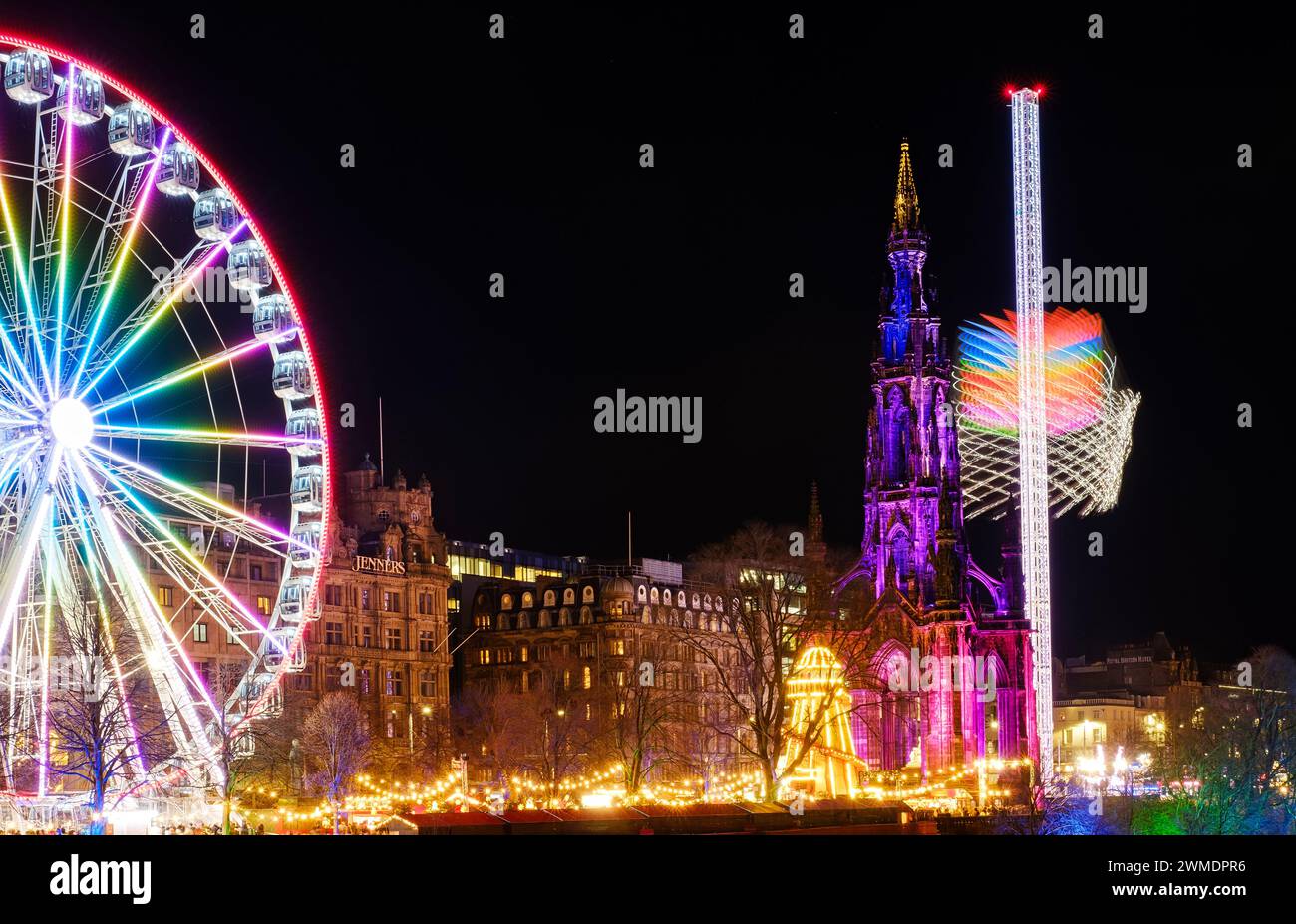Edinburgh Christmas lights with Scott's Monument and the Big Wheel ...
