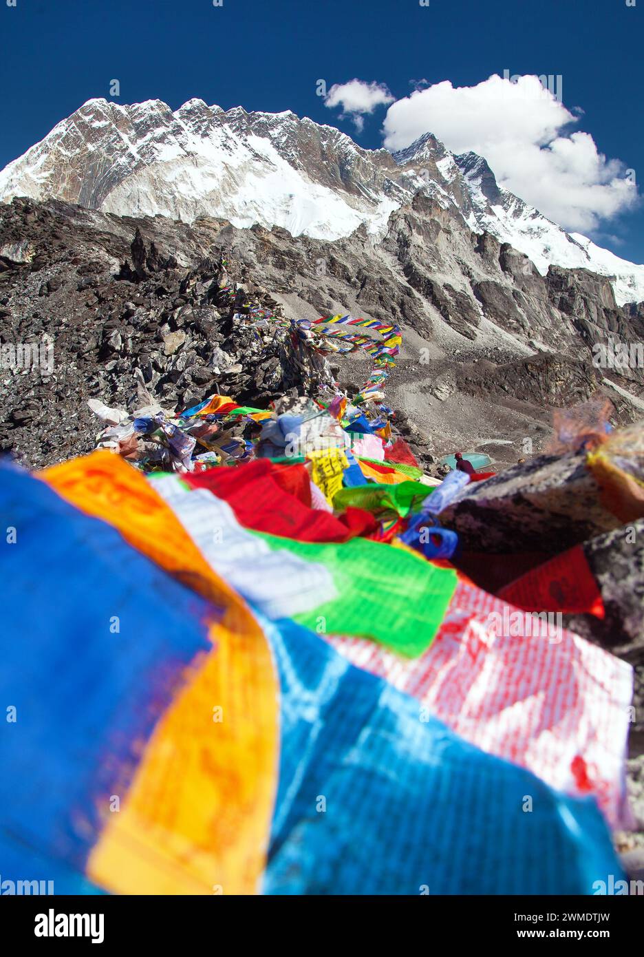 view of Lhotse peak with prayer flags from Kongmala pass, way to ...