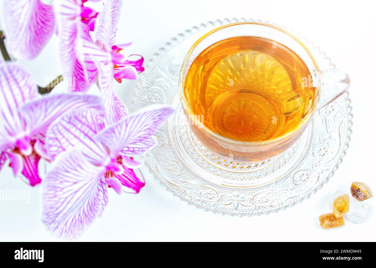 a transparent cup of aromatic tea and a pink orchid on a white ...
