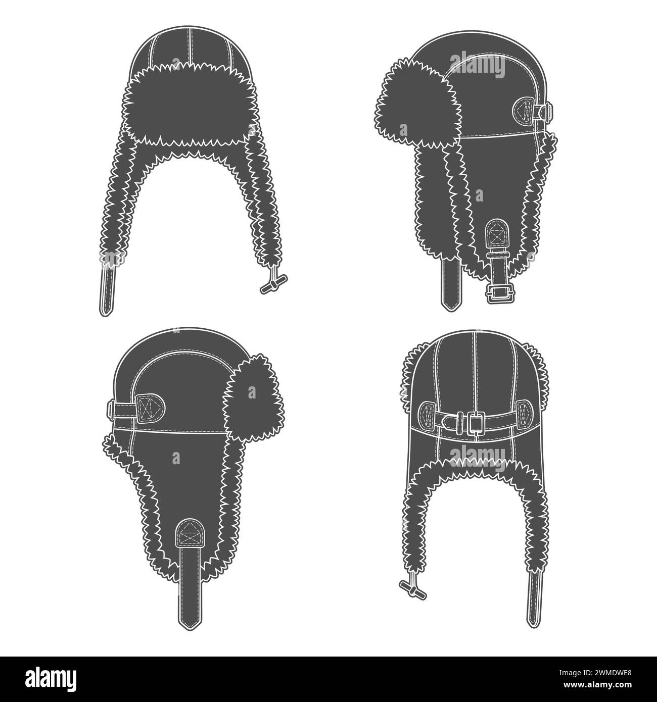 Set of black and white illustrations with flying cap with earflaps ...