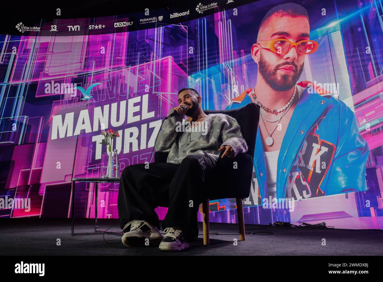 The jury and singer Manuel Turizo speaks to the press during the ...