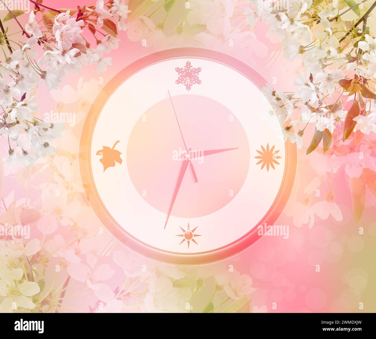 Gentle colors of nature in spring. Clock in cherry blossoms. Concept ...