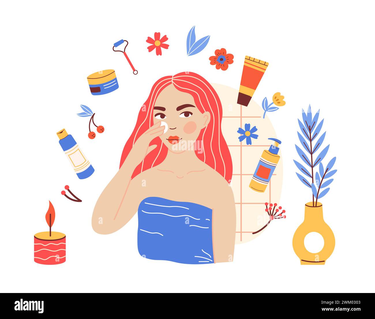 Young woman skincare routine. Female character applying cleanser, mask ...