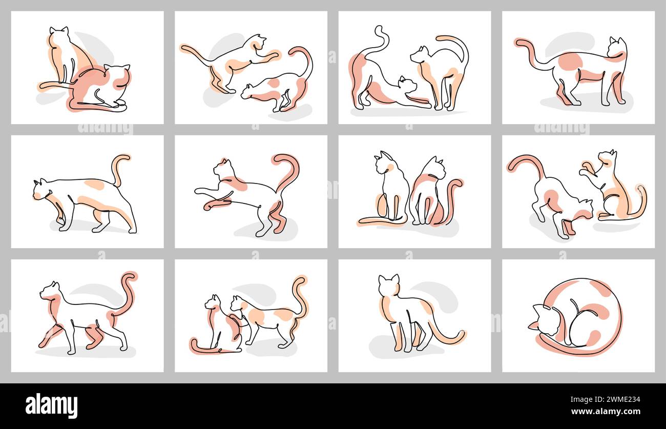 Continuous one line cat posters. Cute cats playing, grooming ...