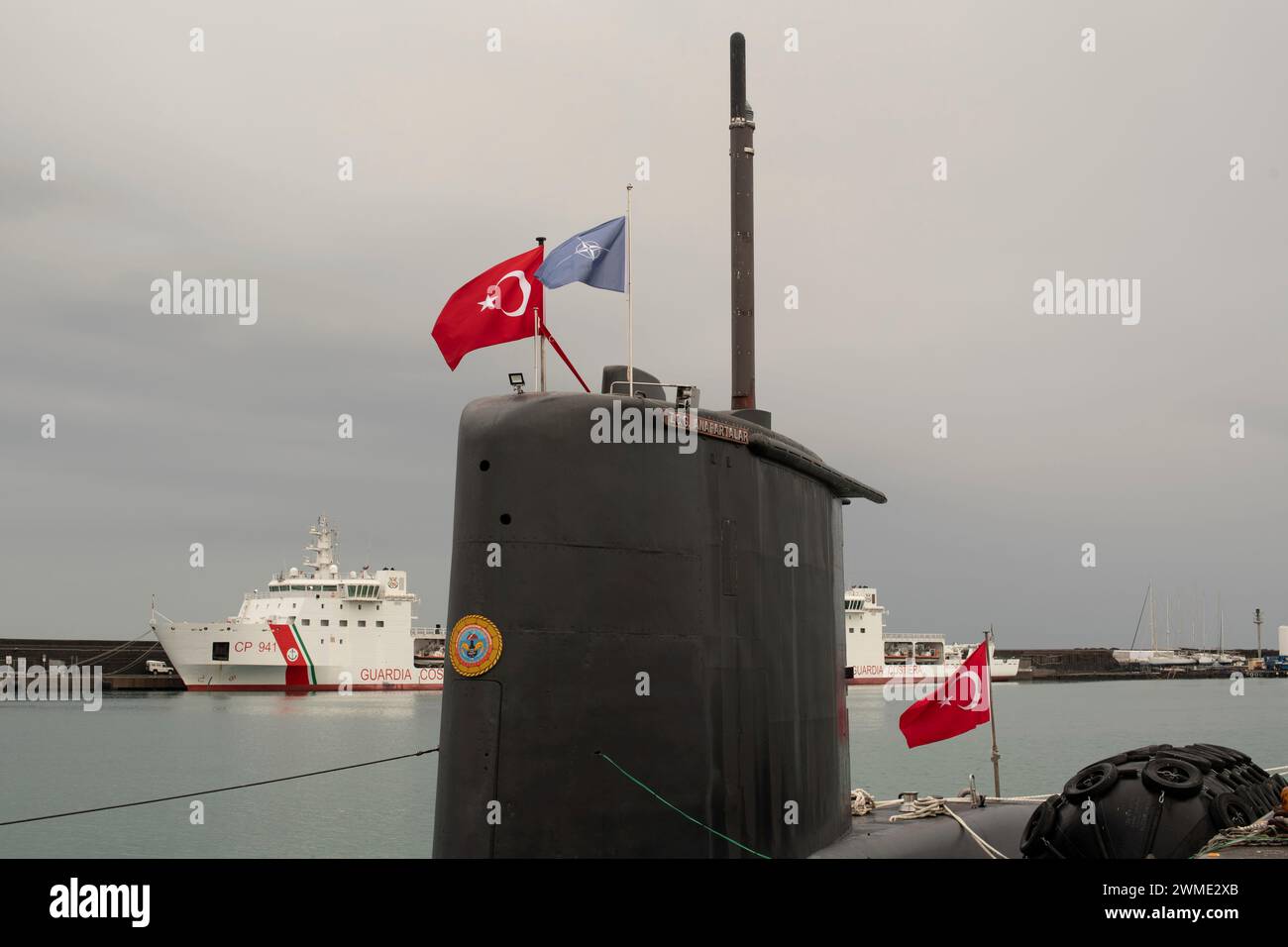 Turkish submarine T.C.G. Anafartalar S356 is moored in the port of ...