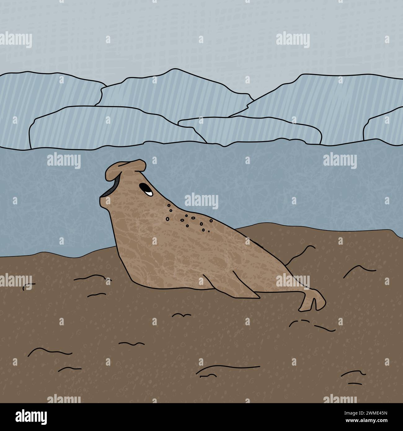 Elephant seal. Hand drawn vector cartoon animal on the beach near ...