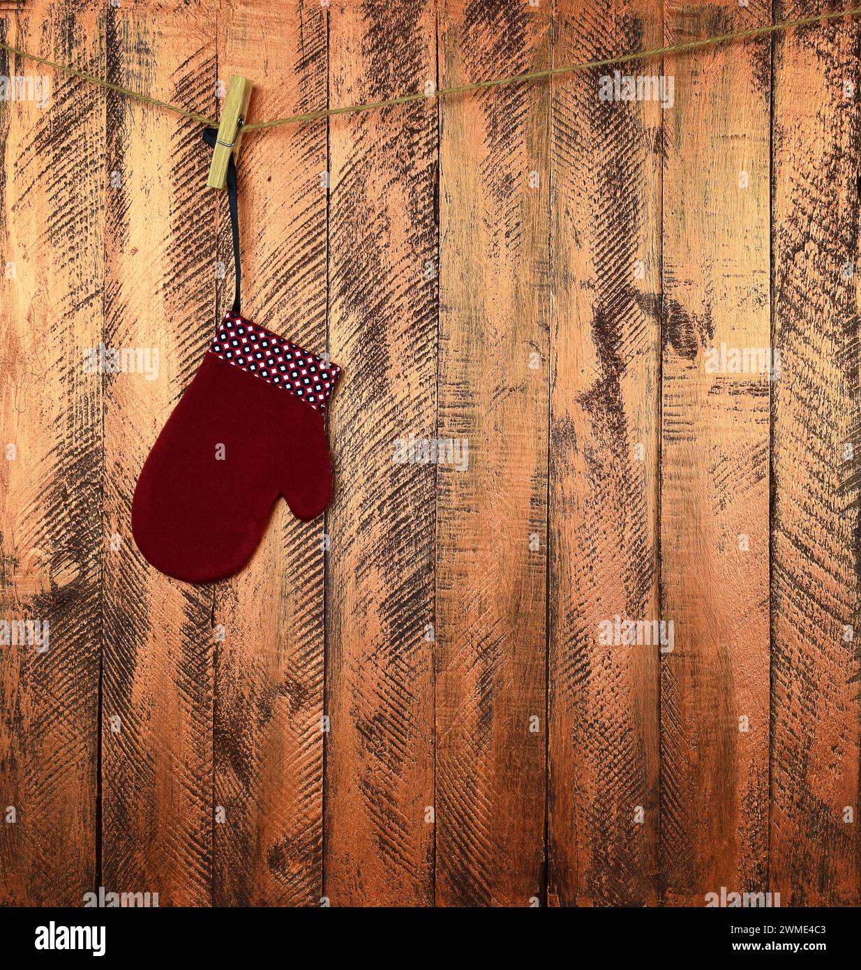 Children's mitten on a rope. Christmas miracle. Waiting for Santa ...
