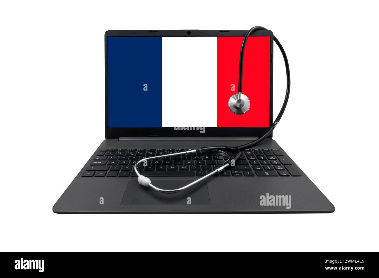 Laptop with France flag on screen and medical stethoscope, isolated on ...