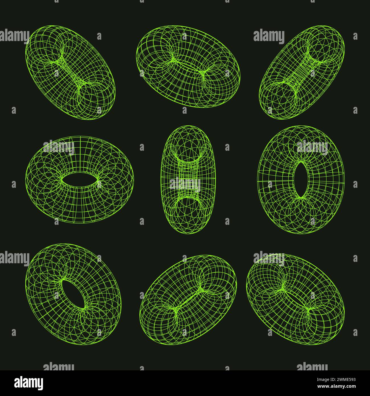 Wireframe shapes, lined torus. Perspective mesh, 3d grid. Low poly ...