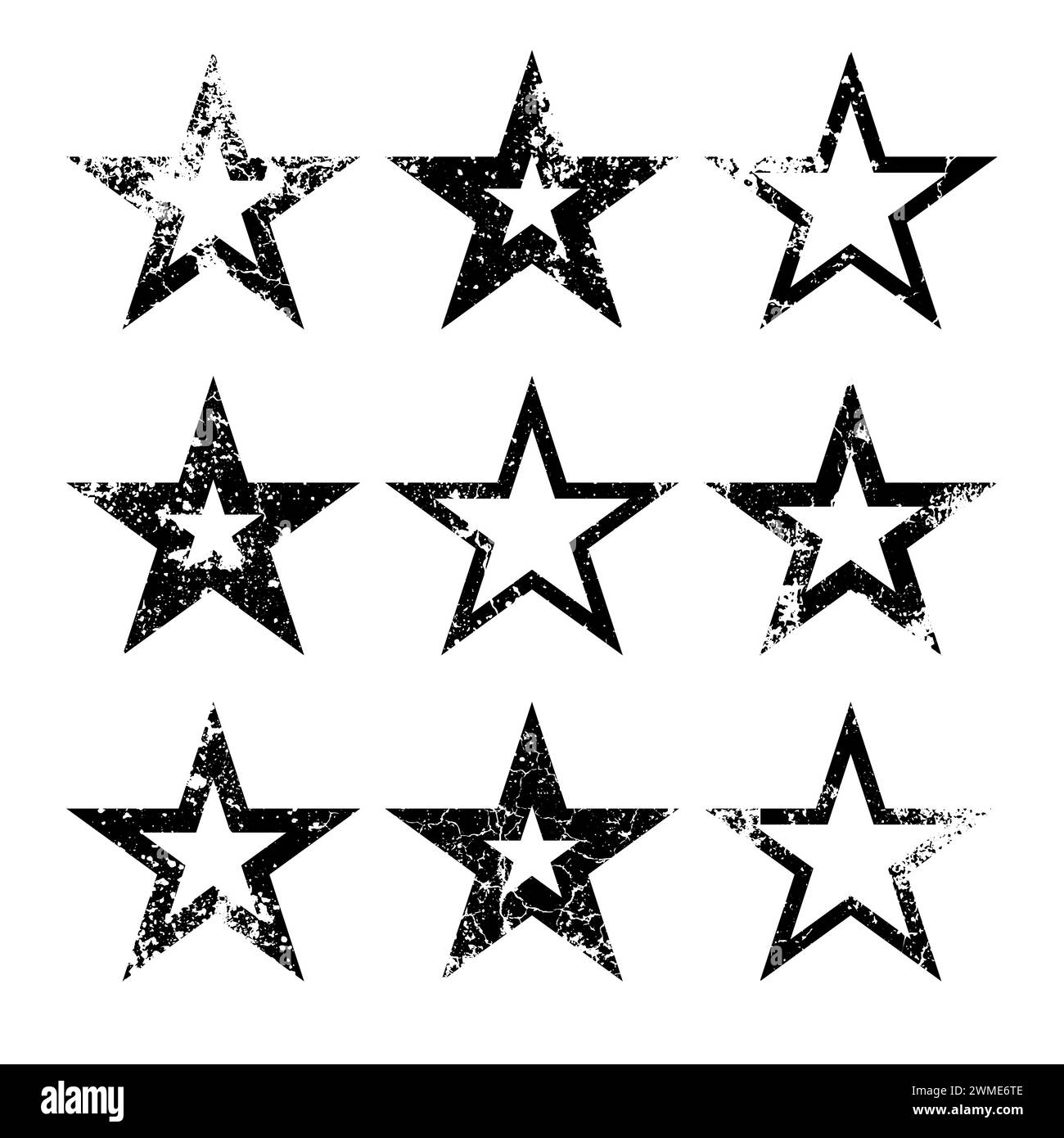 Vintage stars with cracks and stains. Old hand-drawn sign, black simple ...