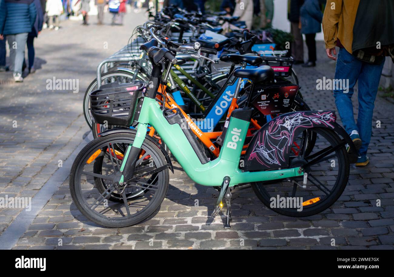 Gent, Belgium - January 31 2024: Rows of rental e-bikes lined up, ready ...