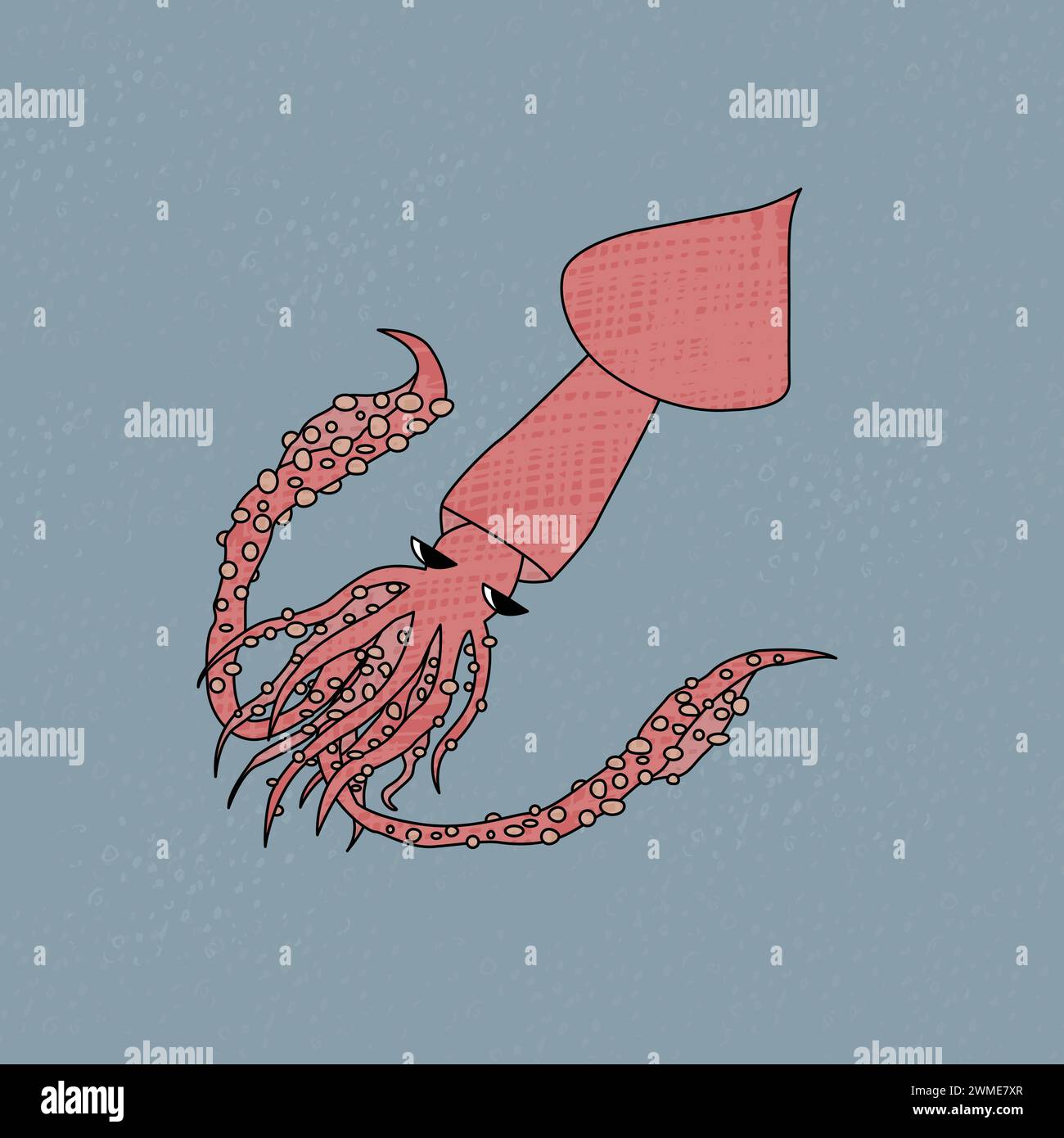 Colossal squid in the ocean. Vector cartoon hand drawn illustration of ...