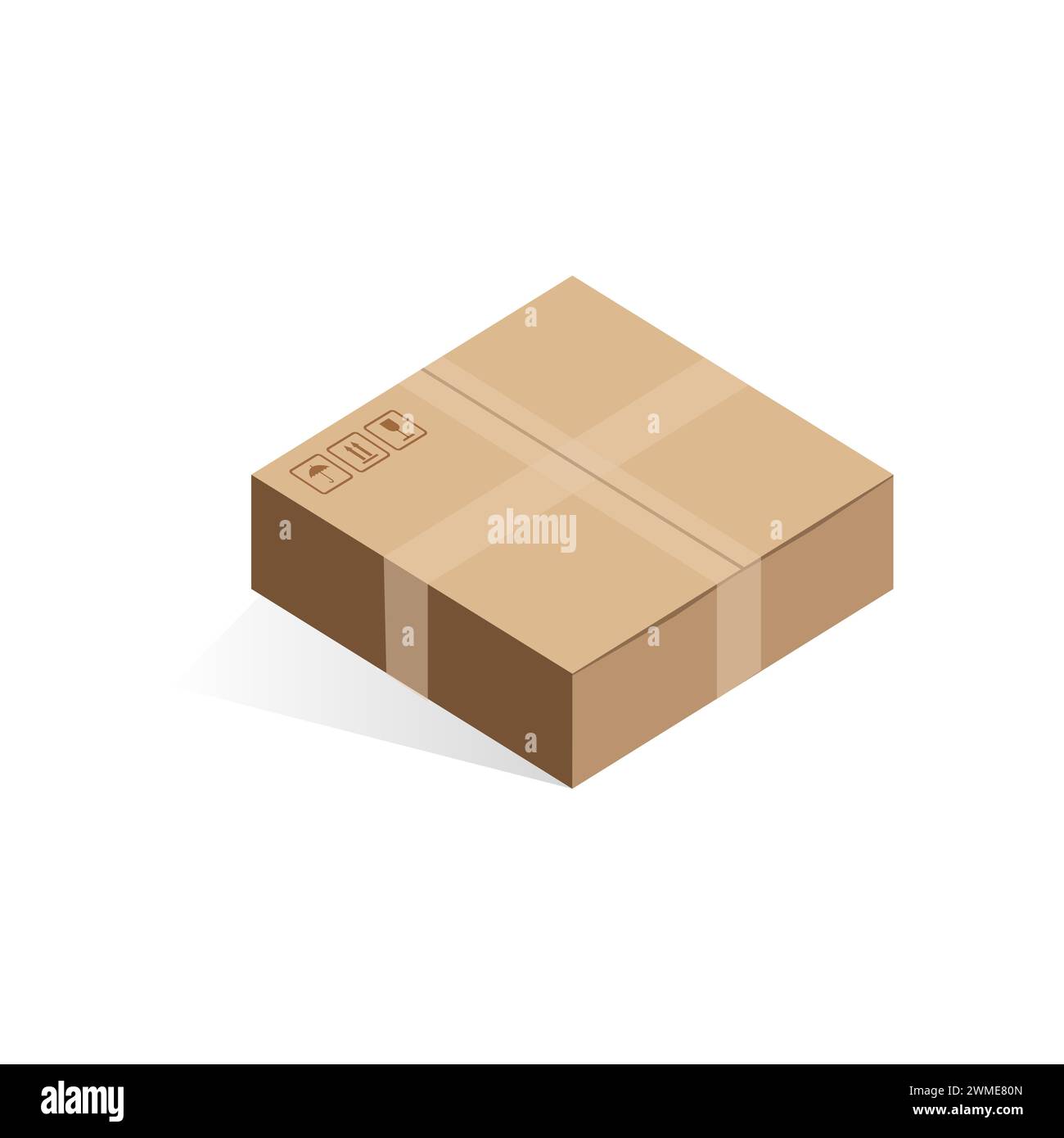 Isometric closed cardboard low box of square shape with postal signs ...