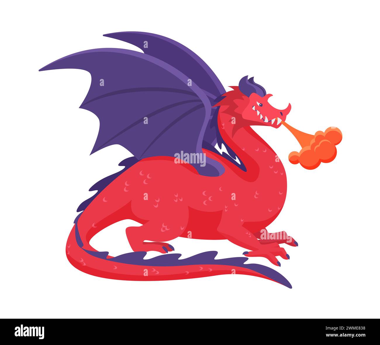Cute red fantasy dragon with purple wings and fire, magic monster ...
