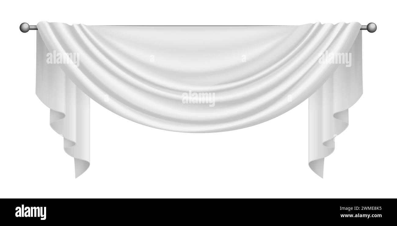 White curtains, 3D drapery of luxury silk fabric folds drape on silver ...