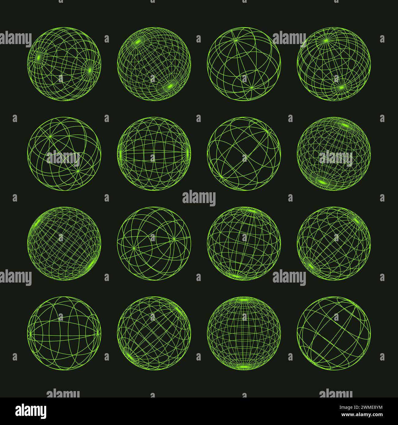 Wireframe shapes, lined sphere. Perspective mesh, 3d grid. Low poly ...