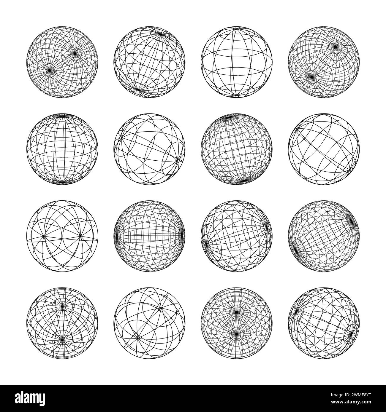 Wireframe shapes, lined sphere. Perspective mesh, 3d grid. Low poly ...