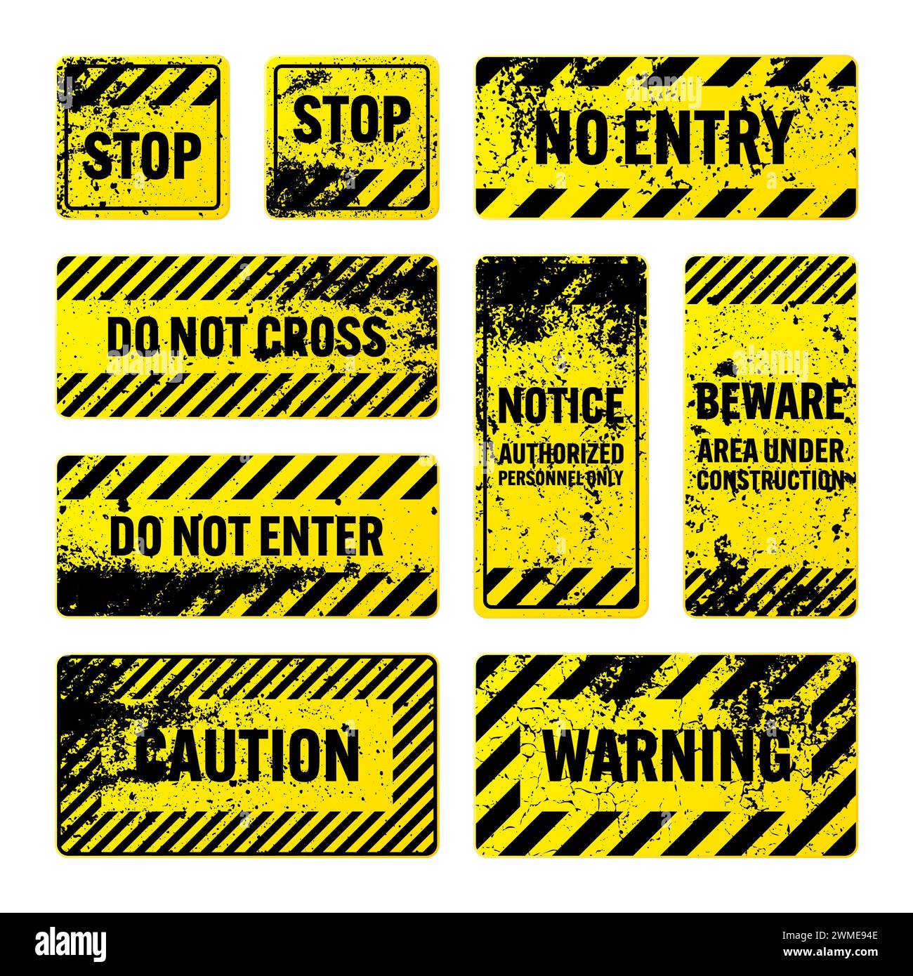 Various yellow grunge warning signs with diagonal lines. Old attention ...