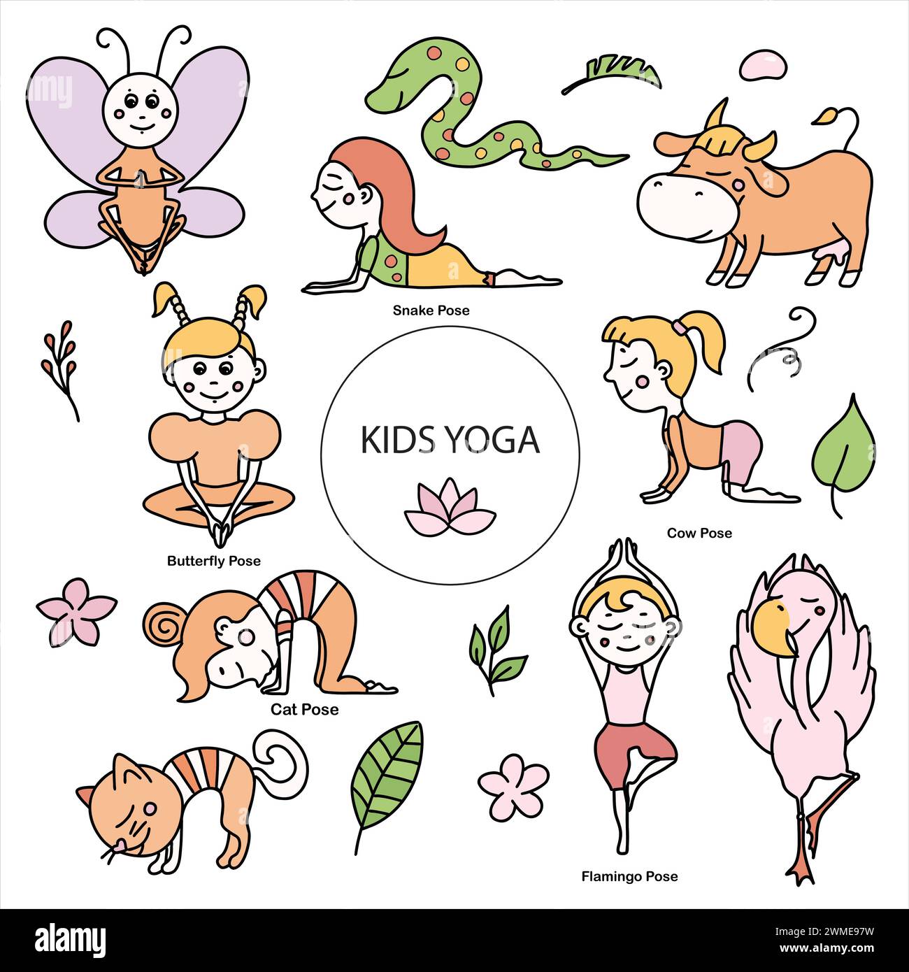 Set of kids yoga animal poses. Cat, cow, butterfly, flamingo, snake ...